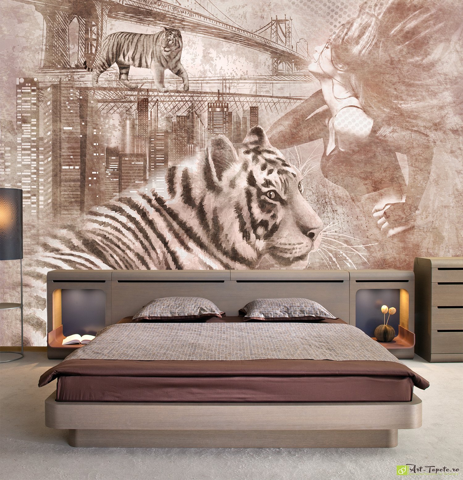 Fototapet Tiger și un pod în stil vintage | Tapet dormitor